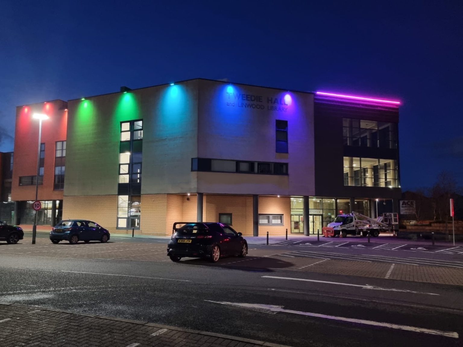 LED lights are installed on Tweedie Hall in Linwood